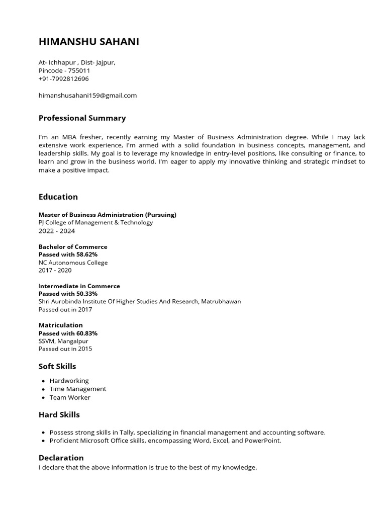 Entry Level Fresher Resume in Black and White Simple Style-3 | PDF