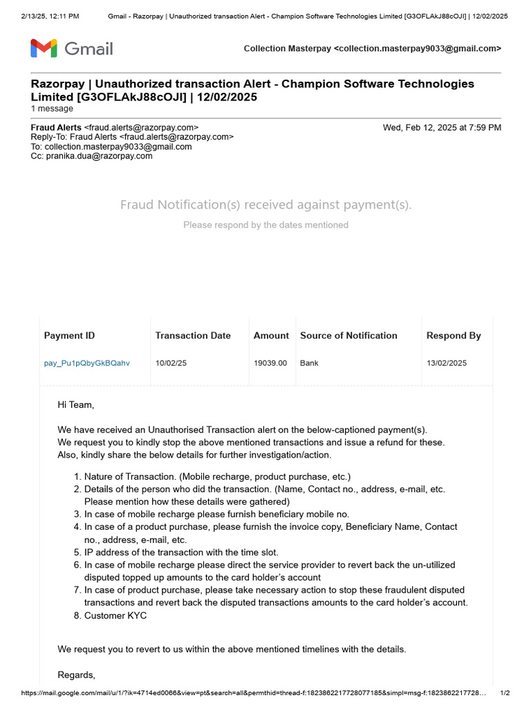 Gmail - Razorpay - Unauthorized Transaction Alert - Champion Software Technologies Limited ...