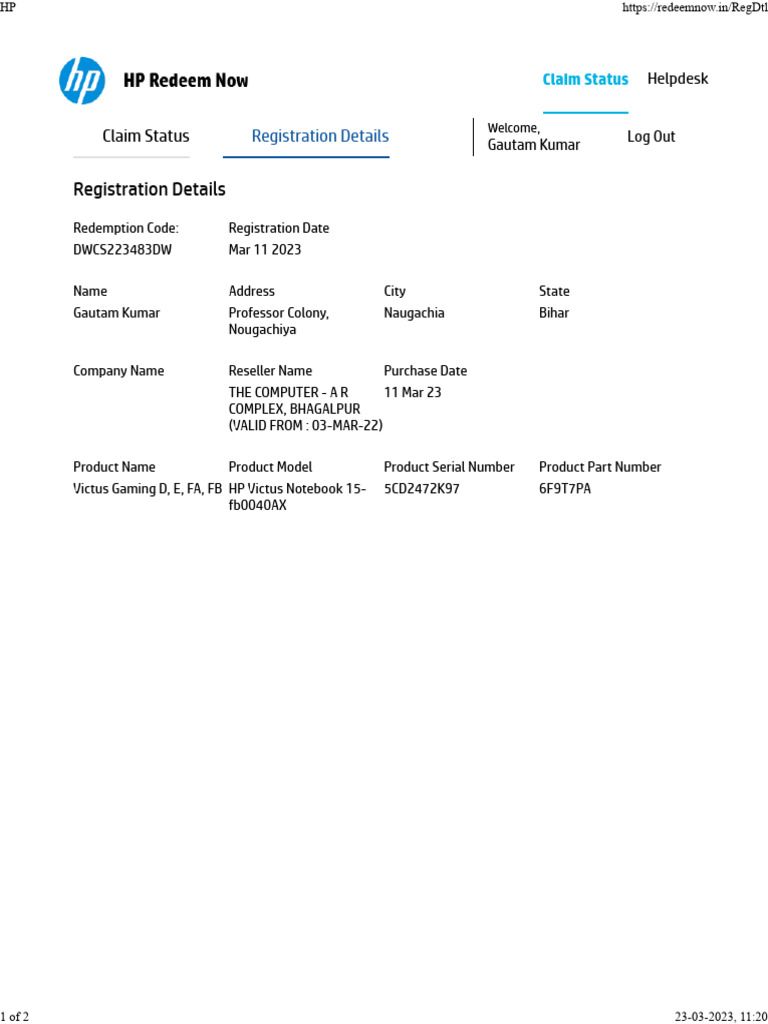HP Warranty Registration Details | PDF