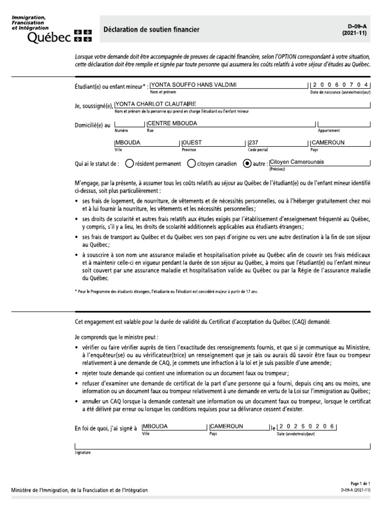 FO Declaration Soutien Financier VALDIMI HANS Papa | PDF