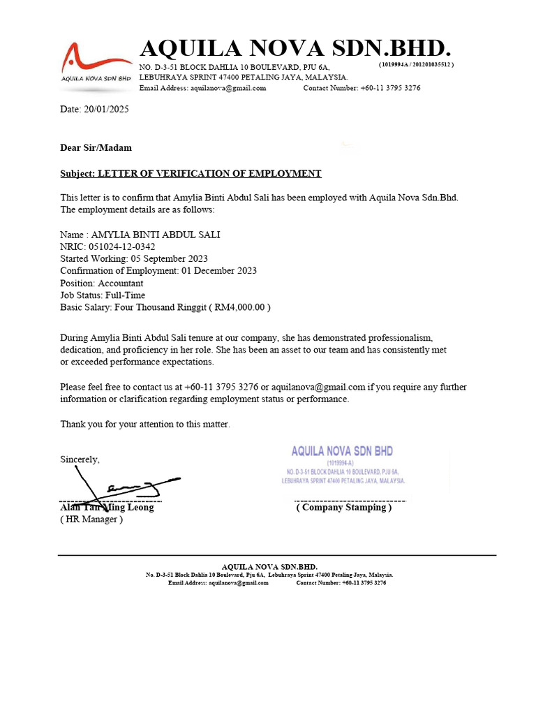 letter verification employment | PDF