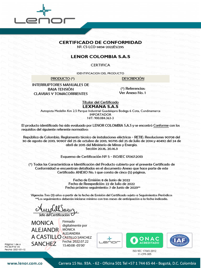 Certificado de Interruptores LEXMANA | PDF