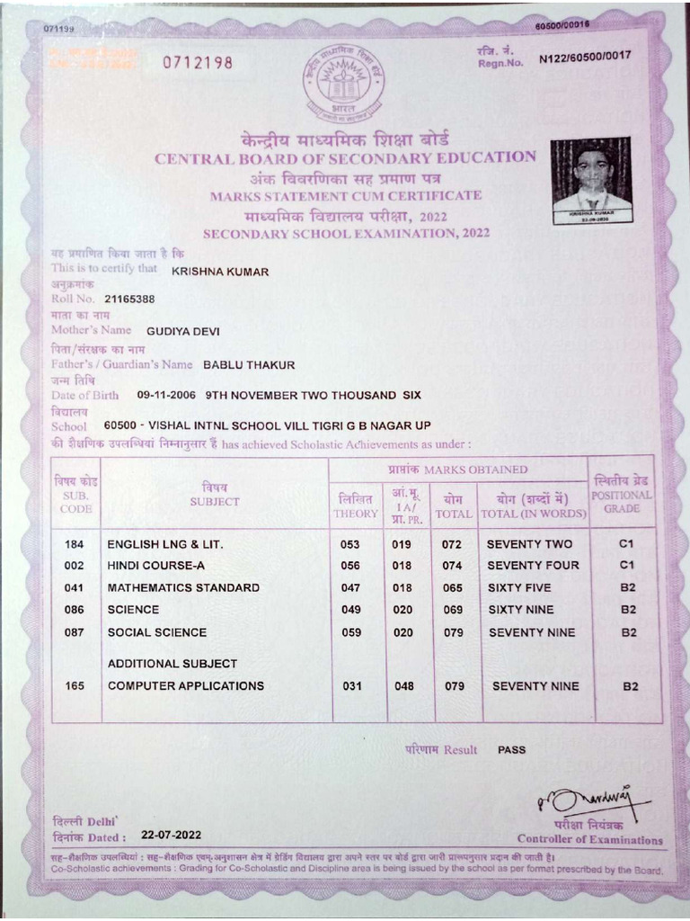 Class X Certificate | PDF