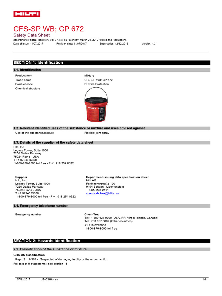 CFS-SP WB; CP 672 Safety Data Sheet | PDF | Toxicity | Safety