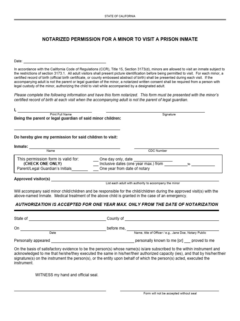 Notarized Minor Visitation Consent Form | PDF | Notary Public | Legal ...