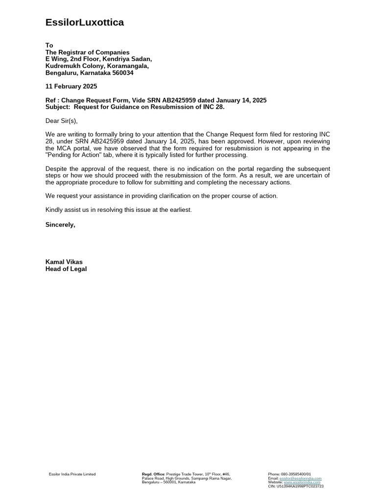 EIPL - ROC Letter - Retrieving of INC 28 - 11.02.2025 | PDF