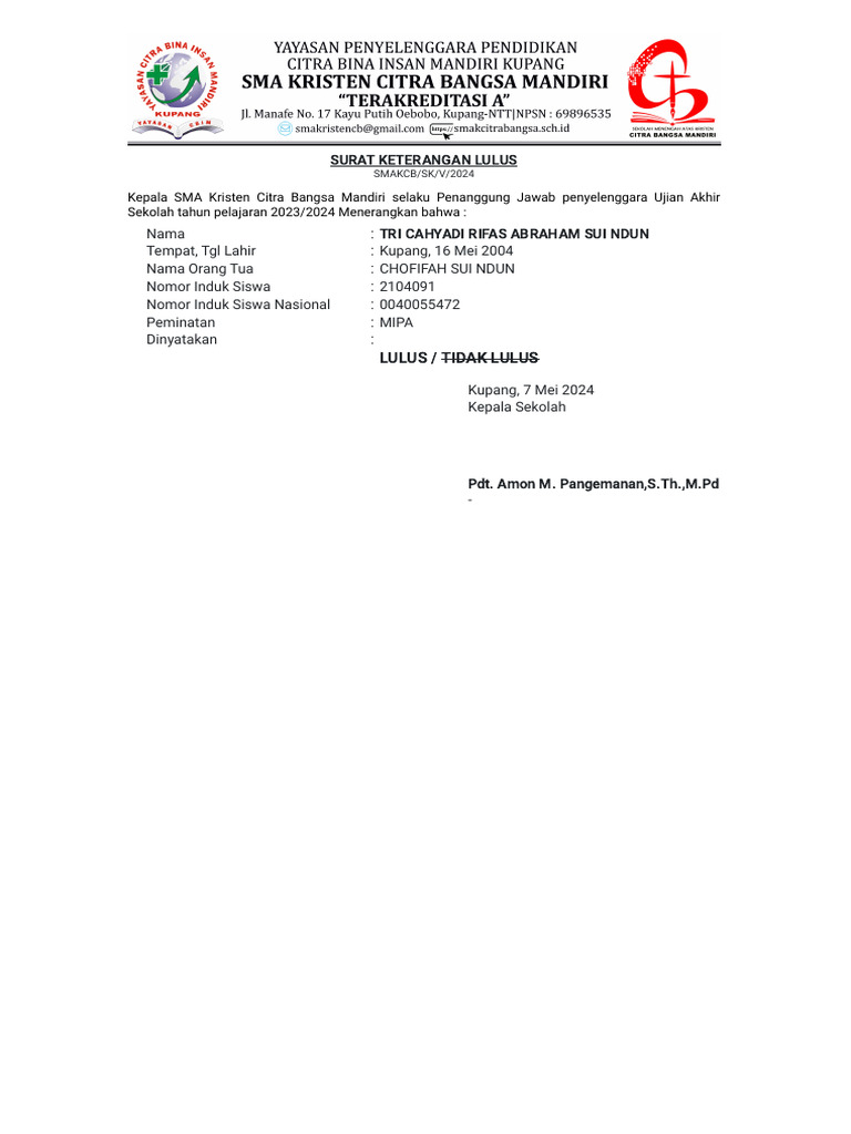 Surat Keterangan Lulus SMA 2024 | PDF