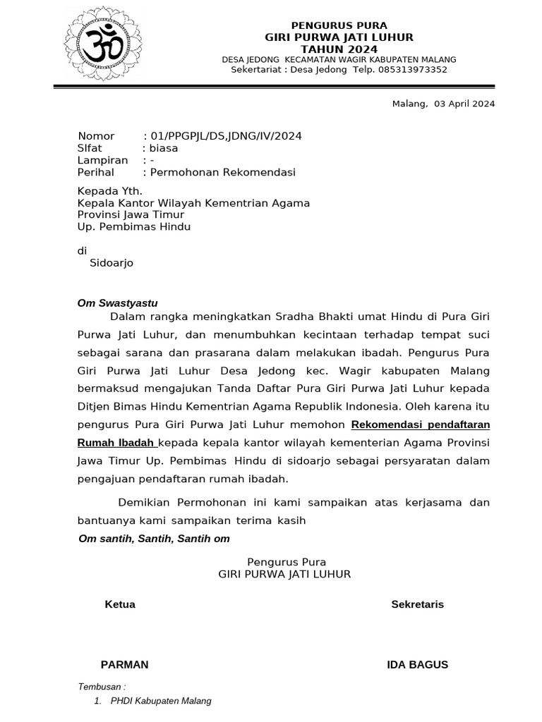 Surat Permohonan Rekom Bimas522 | PDF