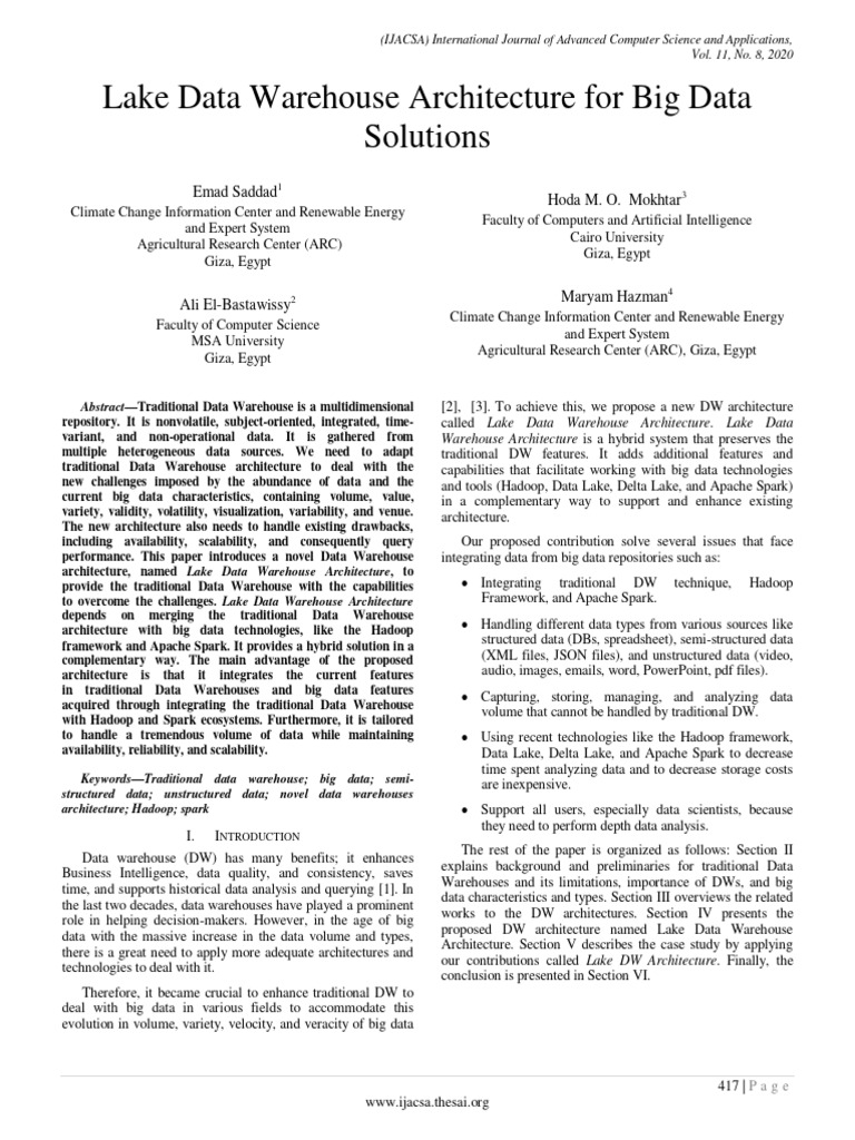 Lake Data Warehouse Architecture for Big Data | PDF | Apache Hadoop | Apache Spark