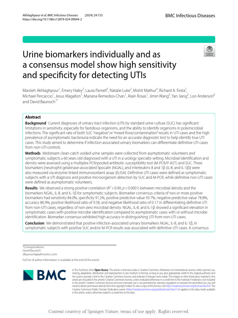 Urine Biomarkers Individually and As A Consensus M | PDF | Urinary Tract Infection | Infection