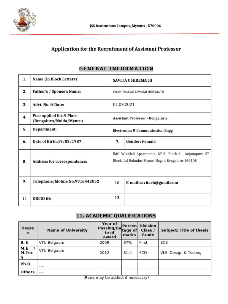Savita-JSSMVP - TED - Application Format For Faculty Post | PDF ...