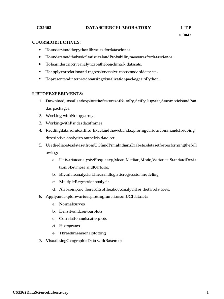 CS3362_Data Science Laboratory_Manual | PDF