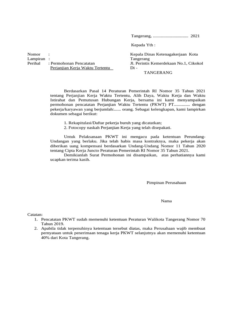 Surat Permohonan PENCATATAN PKWT | PDF