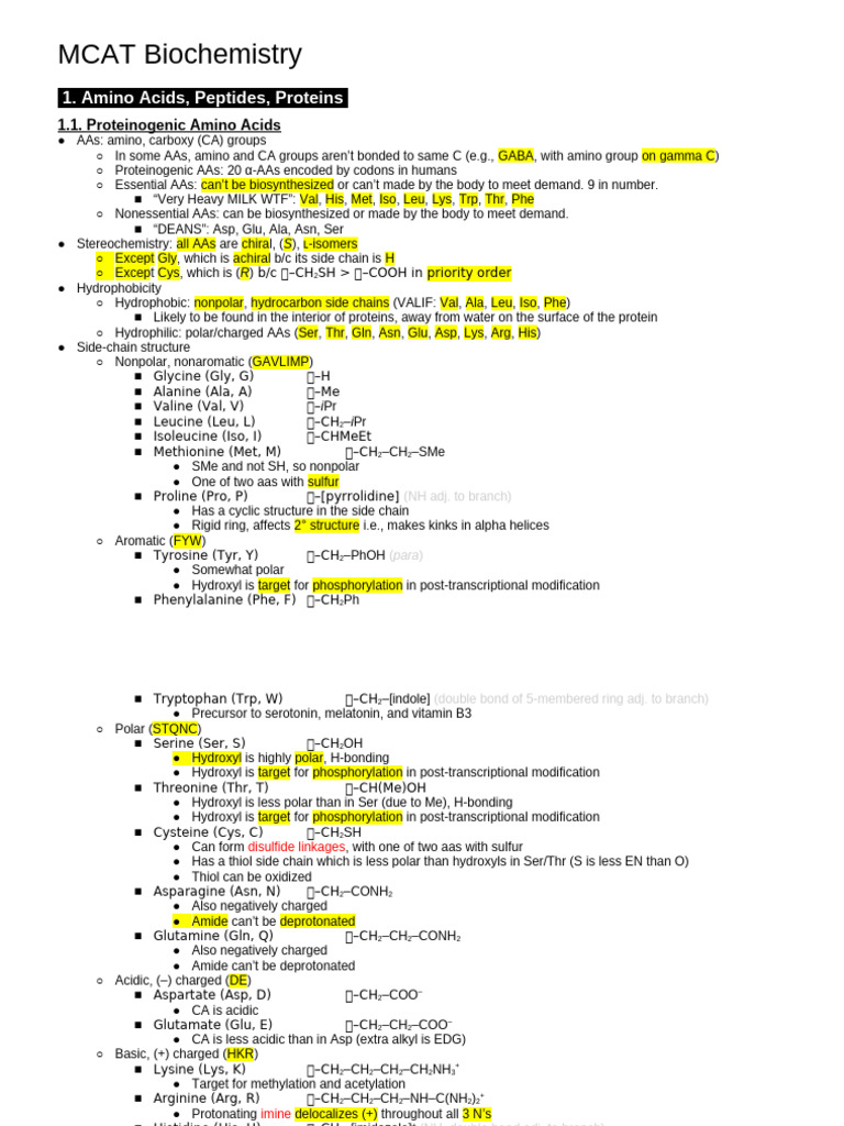 MCAT Biochem Notes | PDF | Amino Acid | Chromatography