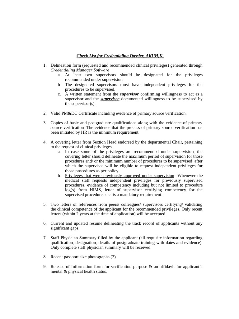 Revised Check List For Credentialing Dossier As Per C&P Policy | PDF ...