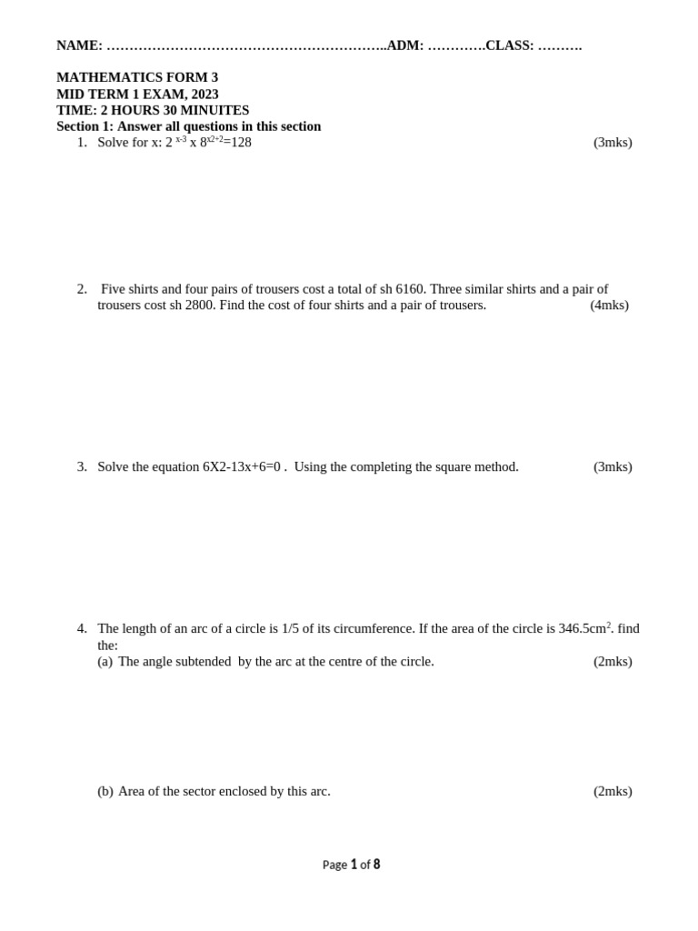 Form 3 Mathematics Mid Term Exam 2023 | PDF | Circle | Trigonometry