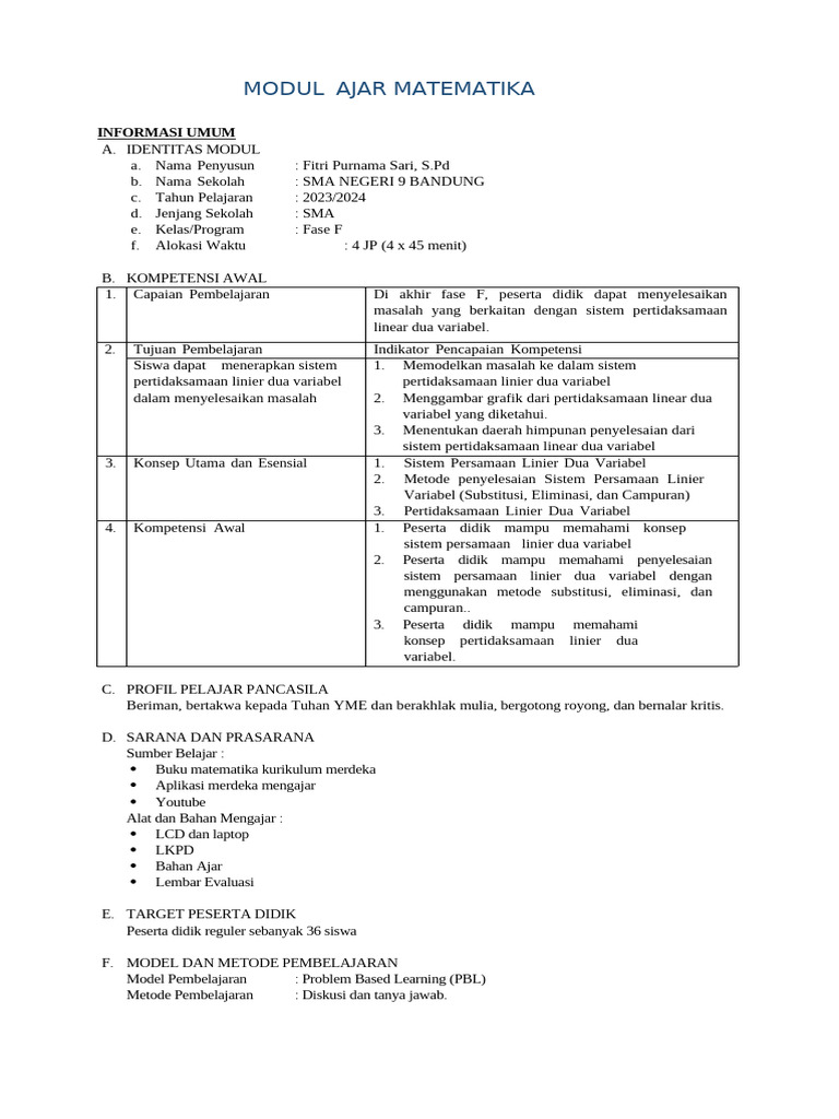 Modul Ajar Sistem Pertidaksamaan Linear | PDF