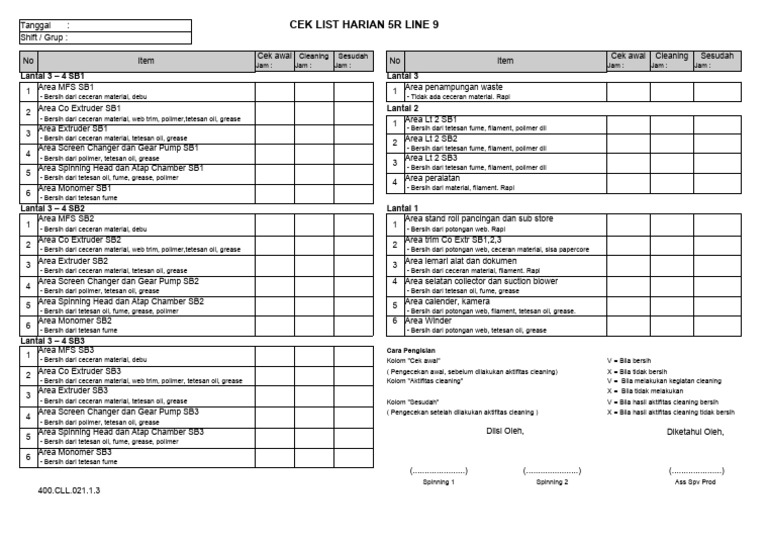 FORM CEKLIST HARIAN 5R LINE 9-1 | PDF