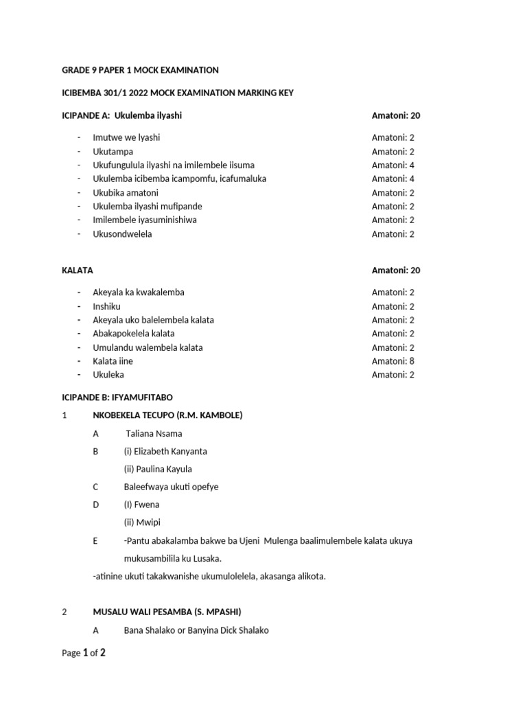 Marking Key Icibemba Mock 1 | PDF