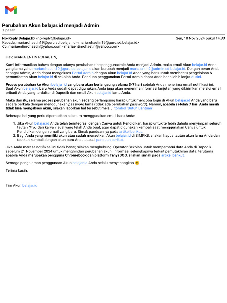 Perubahan Email Akun Belajar.id Admin | PDF
