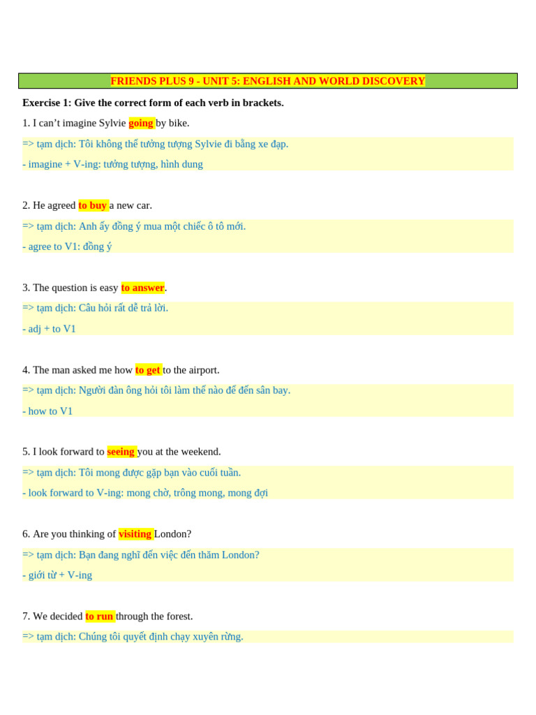 Bài tập bổ trợ friend flus 9 có file nghe đáp án cực hay FP9 - UNIT 5 - EXERCISES - KEYS | PDF