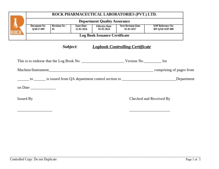 QAD-F-009 Logbook Issuance Certificate | PDF