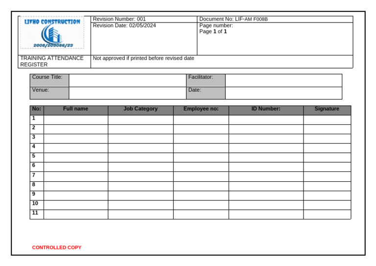 Training Attendance Register Form | PDF
