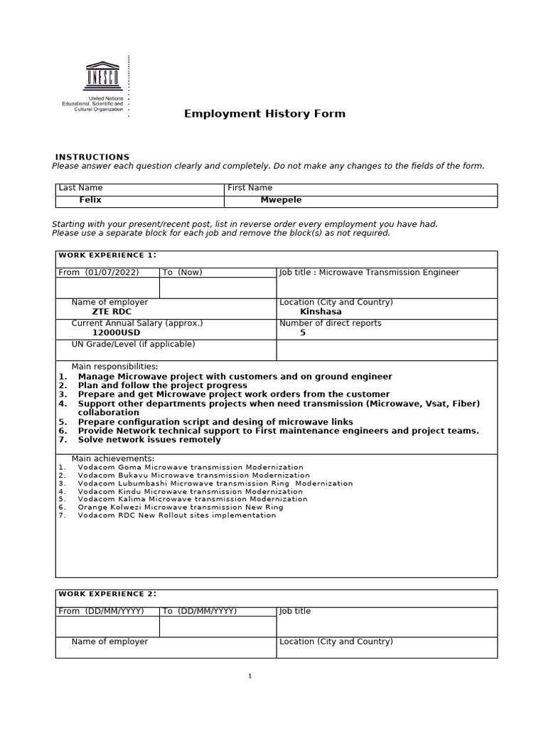 Employment History Form Template | PDF | Telecommunications Engineering ...