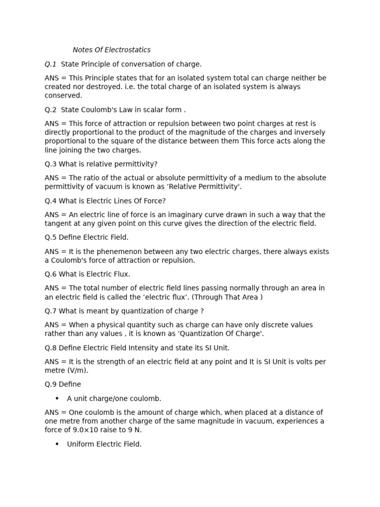 Document (2) .Electrostatics Class 11 | PDF | Electric Field | Force