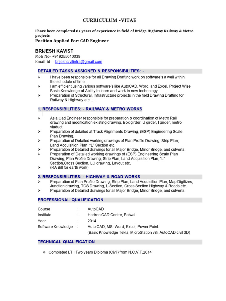 Brijesh Updated CV 21-05-2024 (1) - 1 | PDF | Technical Drawing | Transport