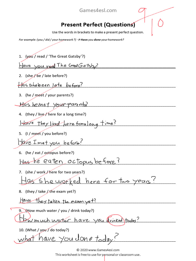 Present Perfect Exercise Worksheet Questions | PDF