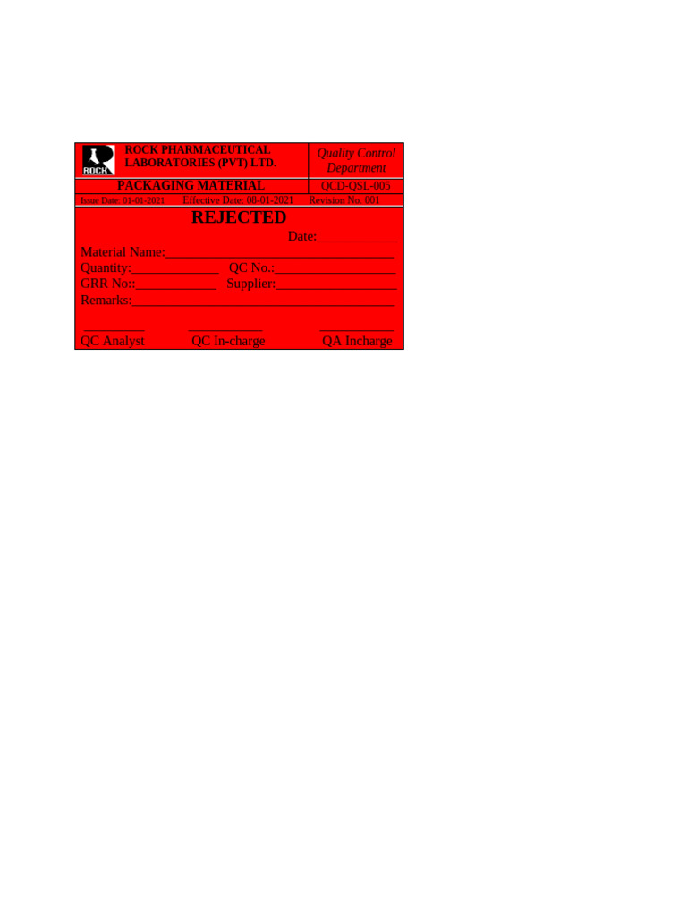 Rejected Quality Control Labels Form | PDF
