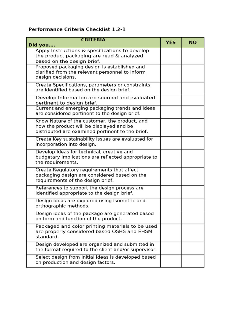 Performance Criteria Checklist 1 | PDF