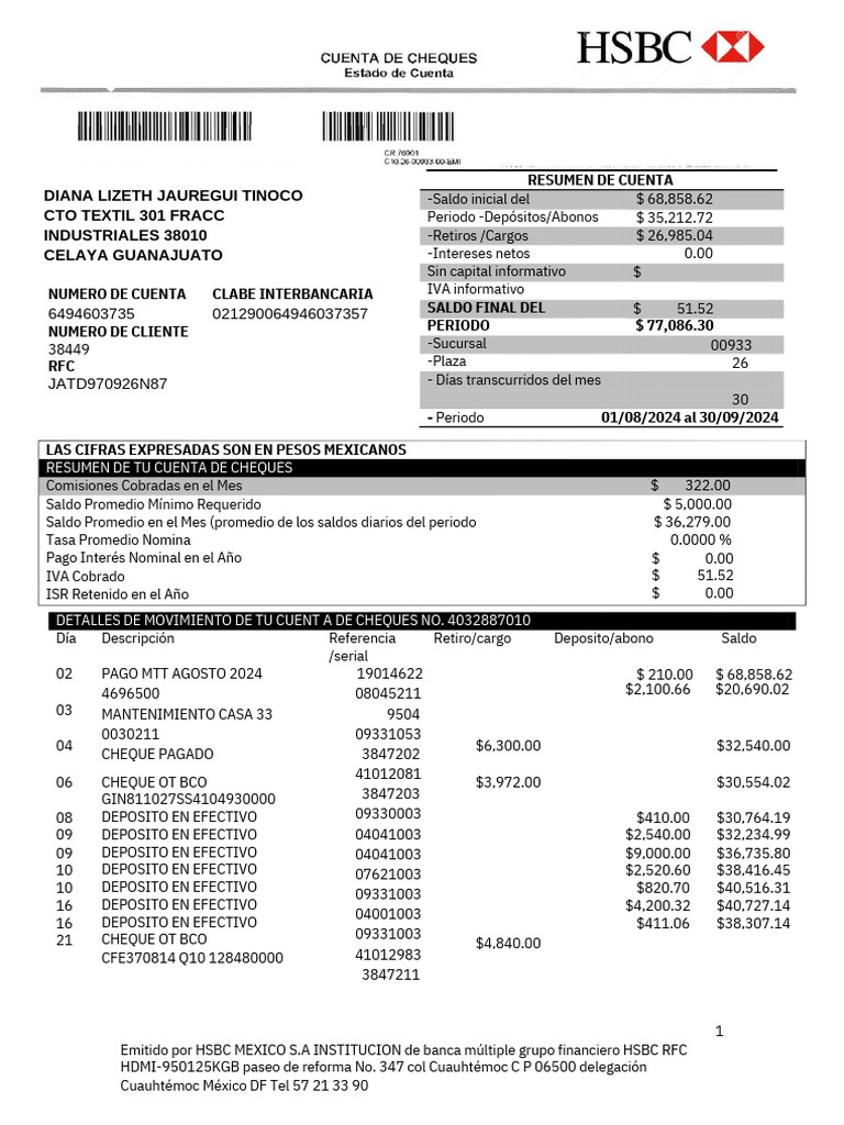 Resumen de Cuenta de Cheques HSBC | PDF | Economía Financiera | Business