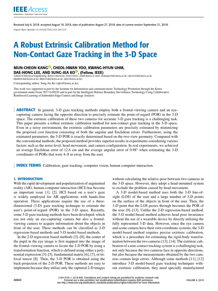 A Robust Extrinsic Calibration Method For Non-Contact Gaze Tracking in The 3-D Space | PDF ...