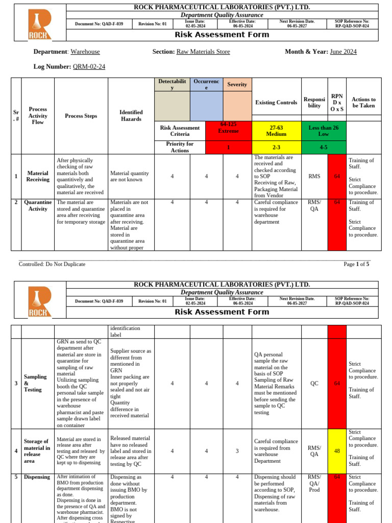 Risk Assessment Warehouse RMS 2024 | PDF | Warehouse