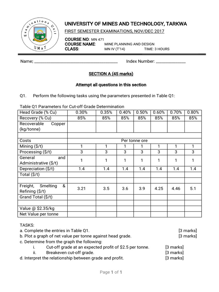 Copper Cut-off Grade Analysis and Mining Design | PDF | Copper | Metals