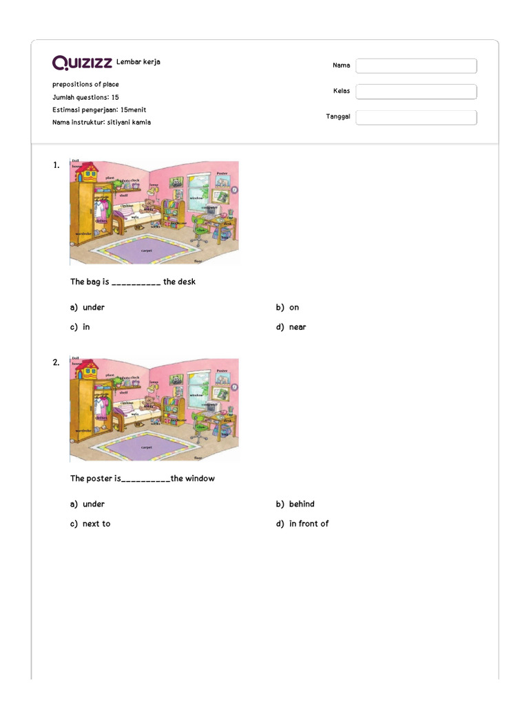 Prepositions of Place - Quizizz | PDF