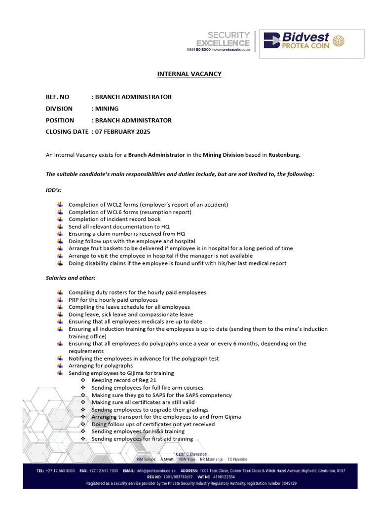 2025-01-28 Branch Administrator - Mining Division - Rustenburg | PDF ...