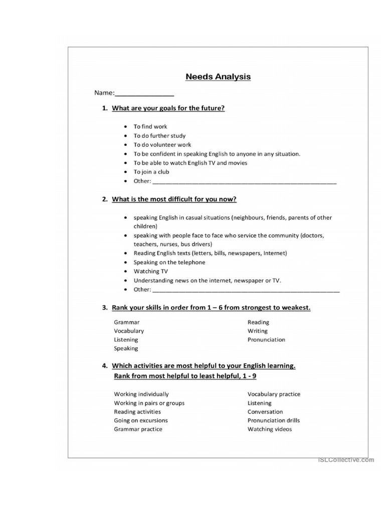 English Language Learner Needs Analysis Template | PDF | English ...