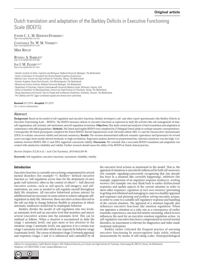 Dutch BDEFS: Executive Function Tool | PDF | Emotional Self Regulation ...