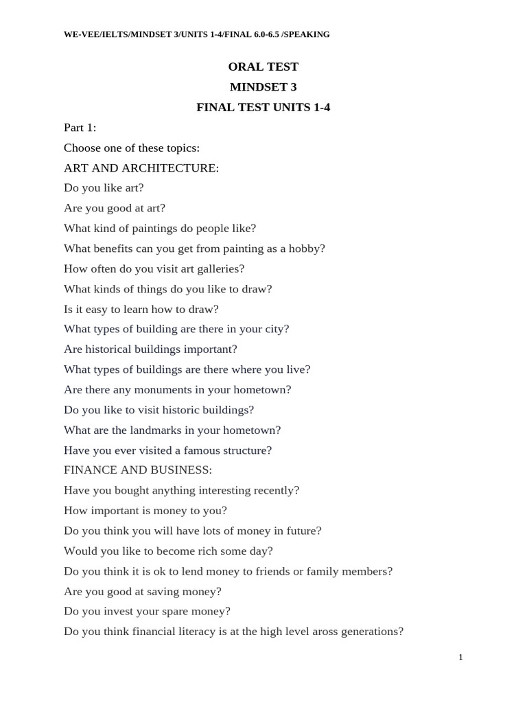 Mindset 3 Units 1 4 Final Speaking | PDF