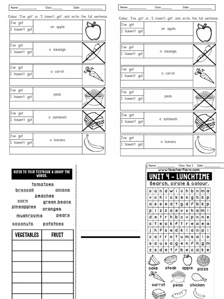 Year 1 Unit 4 Food Exercise Sheet | PDF