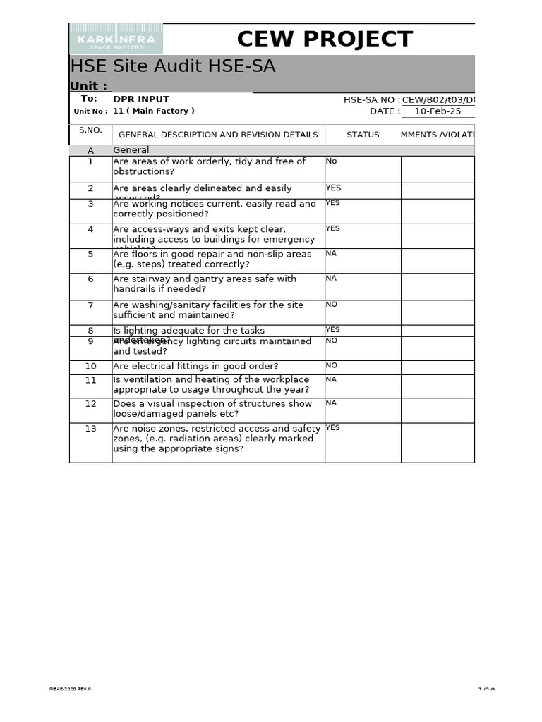 Site Audit Checklist - Hse-Sa | PDF | Occupational Safety And Health ...