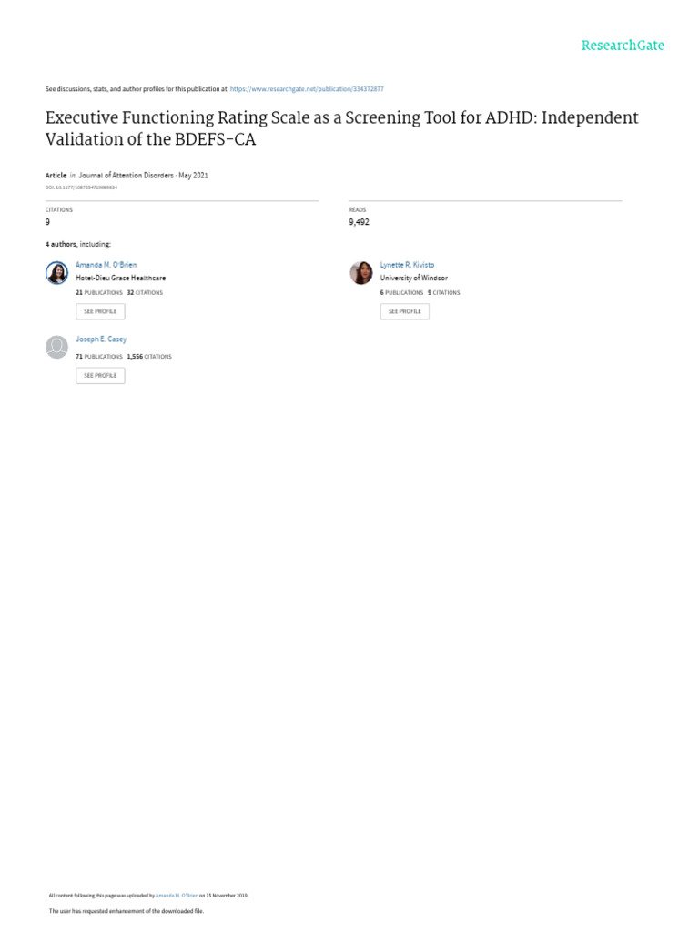 Independent Validation of The BDEFS-CA | PDF | Attention Deficit ...