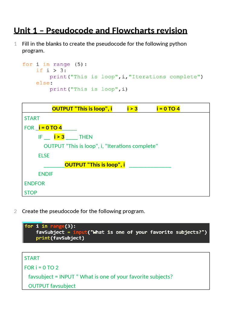 Unit 1 - Pseudocode and Flowcharts revision [ARA] v2 | PDF | Computer Programming | Algorithms