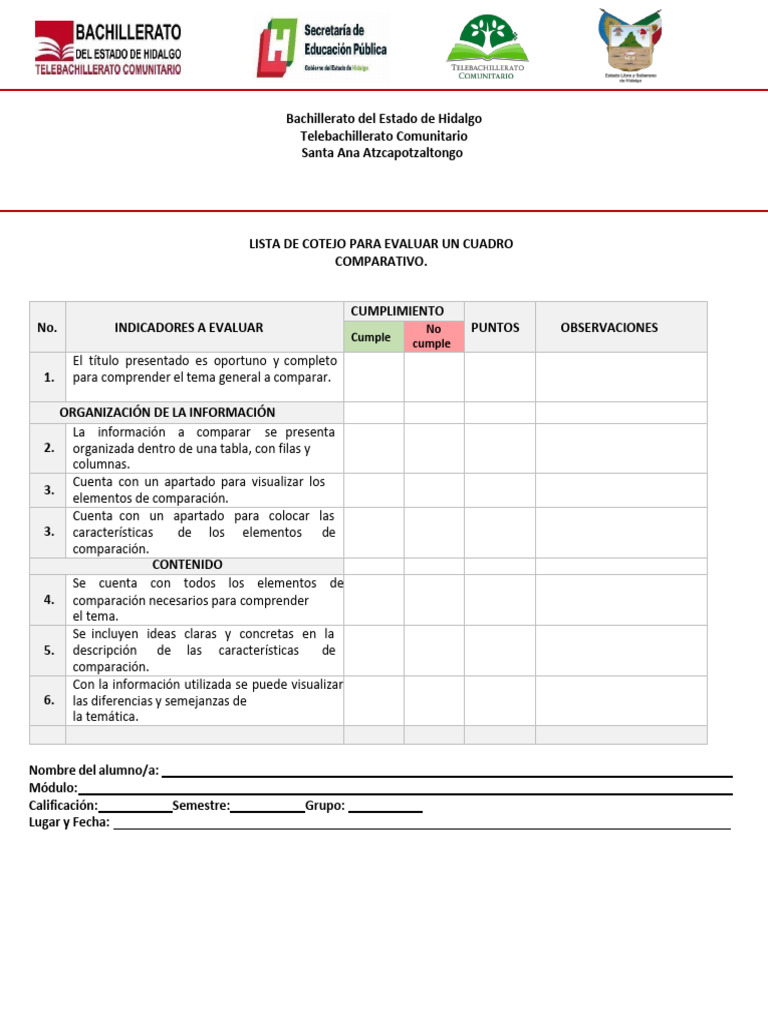 Evaluación de Cuadro Comparativo en Telebachillerato | PDF
