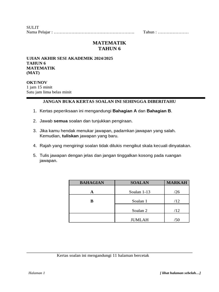 Skema Uasa MT THN 6 Set 2 2024 2025 by Cikgu Gorgeous | PDF