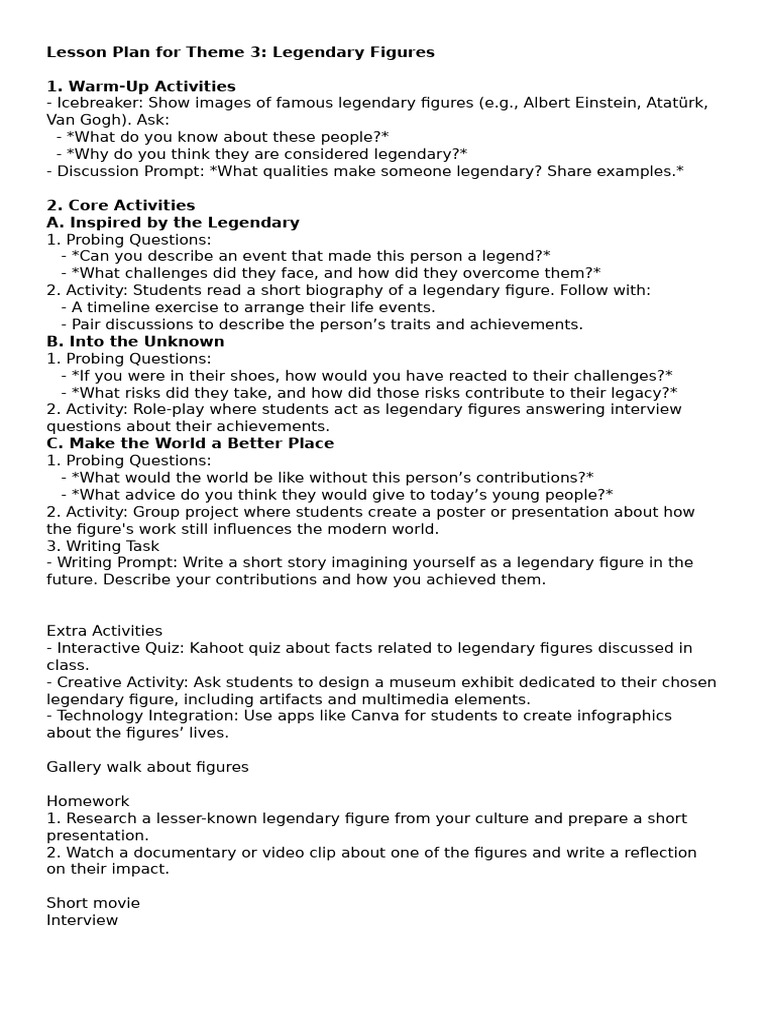 Lesson Plan: Exploring Legendary Figures | PDF | Job Interview | Learning