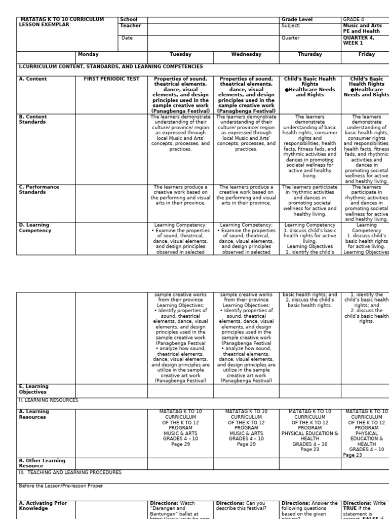 Grade 4-Q4W1 (Matatag DLL) - Mapeh | PDF